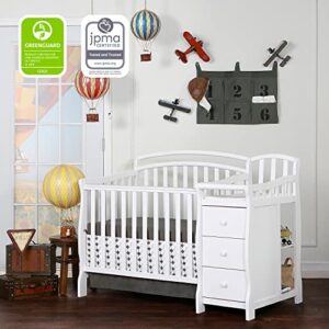 Dream On Me Casco 3-In-1 Mini Crib And Changing Table In White, Convertible Crib, Made Of Pinewood, Three Position Adjustable Mattress Height Settings