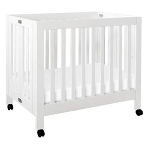 babyletto origami mini portable crib folding with wheels in white, 2 adjustable mattress positions, greenguard gold certified