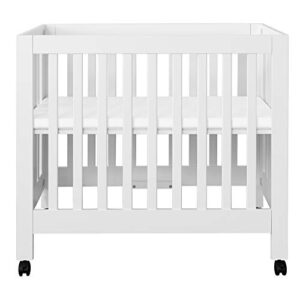 Babyletto Origami Mini Portable Crib Folding with Wheels in White, 2 Adjustable Mattress Positions, Greenguard Gold Certified