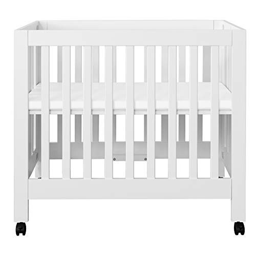 Babyletto Origami Mini Portable Crib Folding with Wheels in White, 2 Adjustable Mattress Positions, Greenguard Gold Certified