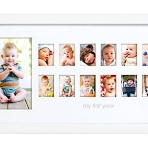 Pearhead My First Year Photo Moments Baby Keepsake Picture Frame, Baby’s First Year Photo Frame, Gender-Neutral Baby Milestone Nursery Wall Décor, 13 Photo Inserts, White