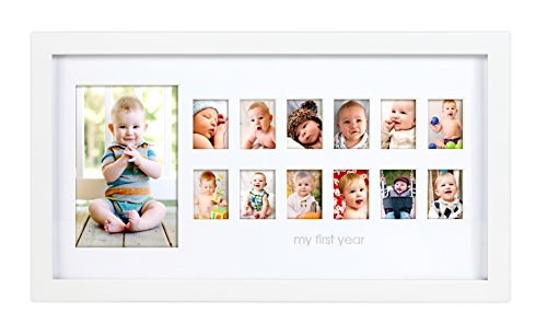 Pearhead My First Year Photo Moments Baby Keepsake Picture Frame, Baby’s First Year Photo Frame, Gender-Neutral Baby Milestone Nursery Wall Décor, 13 Photo Inserts, White