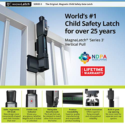 D&D Technologies ML3VPKA MagnaLatch Vertical Pull, Child & Pet Safety Magnetic Gate Latch and Lock, for Any Square Gate