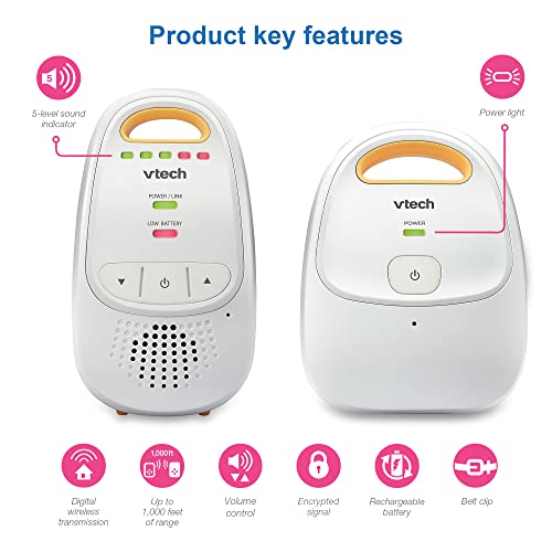 VTech DM111 Upgraded Audio Baby Monitor. 1 Parent Unit with Rechargeable Battery, Best-in-Class Long Range, Digital Wireless Transmission, Crystal-Clear Sound, Plug & Play, Sound Indicator & Alerts