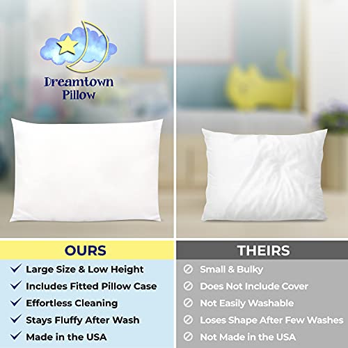 Dreamtown Kids Toddler Pillow & Pillowcase, Hypoallergenic & Made in USA. Ideal for Crib, Bed & Travel. Soft & Breathable for Safe, Cozy Sleep. Perfect for Boys and Girls - Ages 2+,White