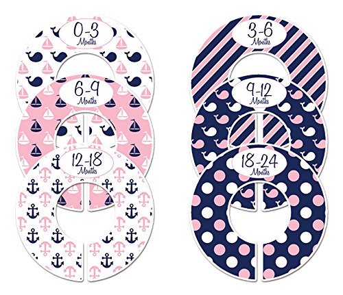 C136 Baby Girl Nursery Closet Clothing Size Divider Pink Nautical Set of 6 Fits 1.25 Inch Rod