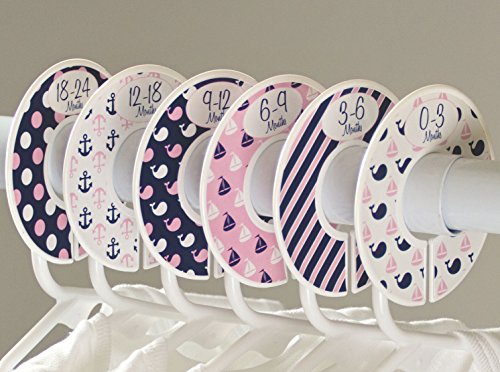 C136 Baby Girl Nursery Closet Clothing Size Divider Pink Nautical Set of 6 Fits 1.25 Inch Rod