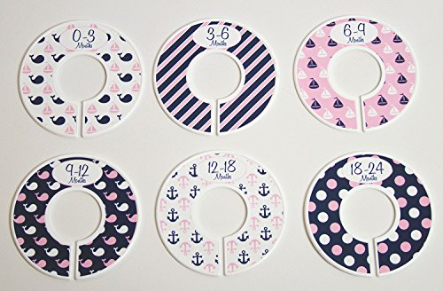 C136 Baby Girl Nursery Closet Clothing Size Divider Pink Nautical Set of 6 Fits 1.25 Inch Rod