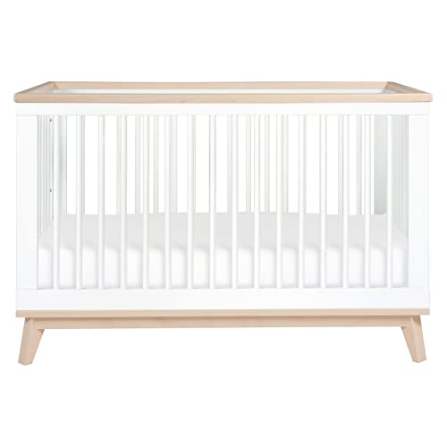 Babyletto Scoot 3-in-1 Convertible Crib with Toddler Bed Conversion Kit in White and Washed Natural, Greenguard Gold Certified