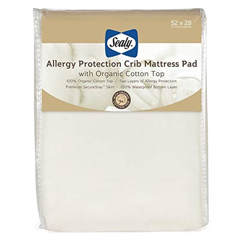 Sealy Organic Cotton Top Cooling Waterproof Fitted Toddler Bed and Baby Crib Mattress Pad Cover Protector, Noiseless, Machine Washable and Dryer Friendly, 52" x 28" - White