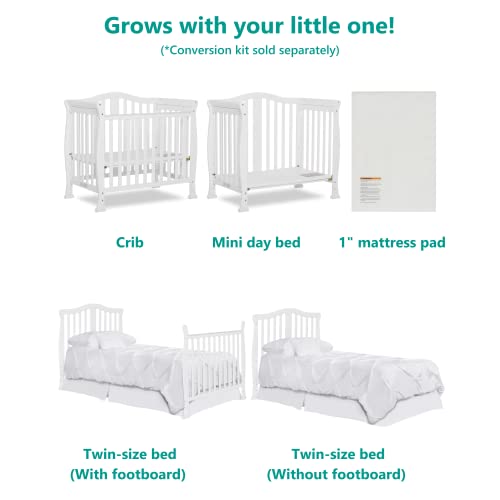 Dream On Me Addison 4-In-1 Convertible Mini Crib In White, Greenguard Gold Certified, Non-Toxic Finishes, Built Of New Zealand Pinewood, Comes With 1” Mattress Pad