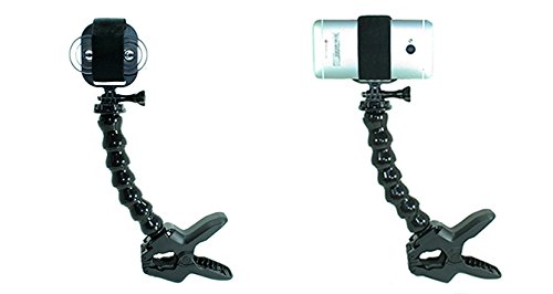 Action Mount Jaws Flex Clamp + Adjustable Goose Neck + Universal Mount Adapter for Smartphone, W/Base Clip & Screw. Use with a Phone, or Gopro Camera. Easy to Use!