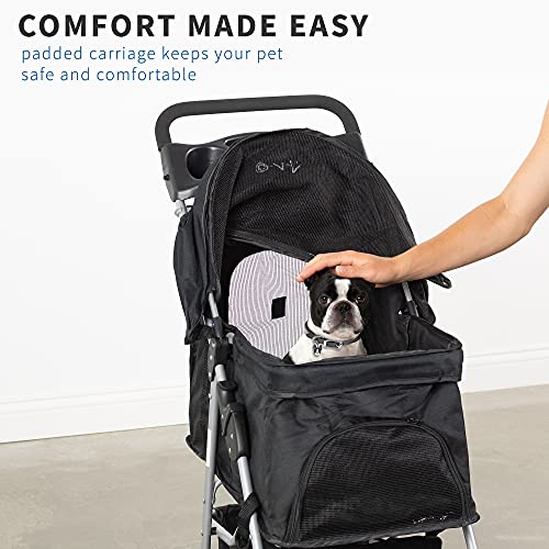 VIVO Black 4 Wheel Pet Stroller for Cat, Dog and More, Foldable Carrier Strolling Cart, STROLR-V001K