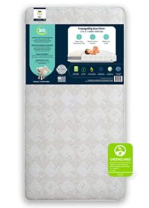 delta children serta tranquility eco firm 2-stage 6" premium baby crib mattress & toddler mattress - waterproof - greenguard gold certified - 50 year warranty - made in usa, 27.5x52x6 inch, white (pack of 1)