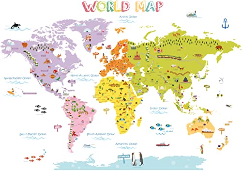 DECOWALL DAT-1306N Colourful World Map Kids Wall Stickers Wall Decals Peel and Stick Removable Wall Stickers for Kids Nursery Bedroom Living Room (Large) d?cor