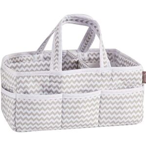 dove gray chevron storage caddy - chevron print body, handles and lining, gray and white trim, gray and white, two handles, 12 in x 6 in x 8 in