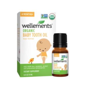 wellements organic baby tooth oil, gently soothes tiny gums, natural teething oil for babies, blend of clove oil, spearmint leaf & olive oil, no benzocaine or belladonna, 0.5 fl oz. 4 months +