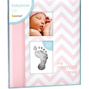 Pearhead First 5 Years Chevron Baby Memory Book With Clean-Touch Baby Safe Ink Pad To Make Baby's Hand Or Footprint Included, Newborn Milestone And Pregnancy Journal, Pink