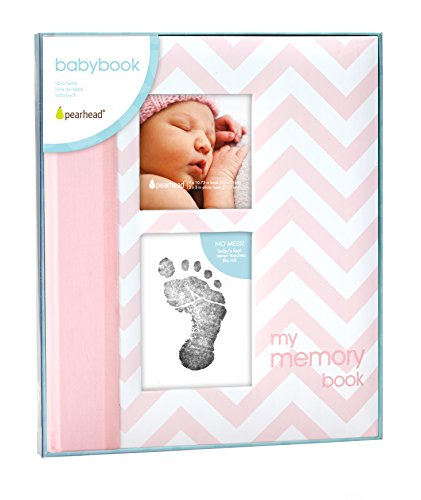 Pearhead First 5 Years Chevron Baby Memory Book With Clean-Touch Baby Safe Ink Pad To Make Baby's Hand Or Footprint Included, Newborn Milestone And Pregnancy Journal, Pink