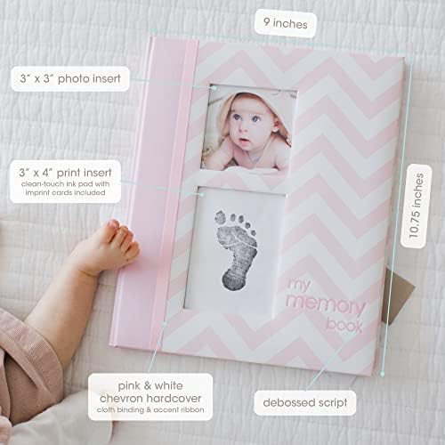 Pearhead First 5 Years Chevron Baby Memory Book With Clean-Touch Baby Safe Ink Pad To Make Baby's Hand Or Footprint Included, Newborn Milestone And Pregnancy Journal, Pink