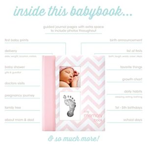 Pearhead First 5 Years Chevron Baby Memory Book With Clean-Touch Baby Safe Ink Pad To Make Baby's Hand Or Footprint Included, Newborn Milestone And Pregnancy Journal, Pink