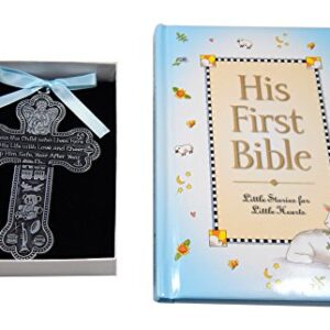 Baby Boy First Bible and 4" Pewter Baptism Guardian Angel Crib Cross (Original Version)