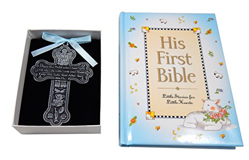 Baby Boy First Bible and 4" Pewter Baptism Guardian Angel Crib Cross (Original Version)