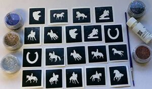 horse dressage showjumping equestrian glitter temporary tattoo set incl 30 x stencils + 5 glitter colors + glue