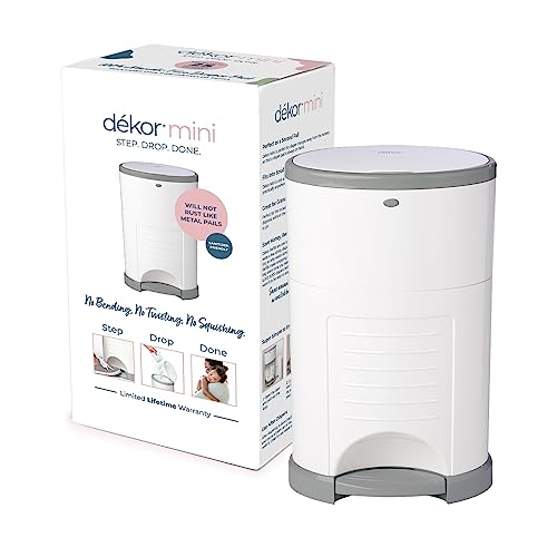 Dekor Mini Hands-Free Diaper Pail | White | Easiest to Use | Just Step – Drop – Done | Doesn’t Absorb Odors | 20 Second Bag Change | Most Economical Refill System