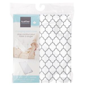 Kushies Changing Pad Cover for 1" pad, 100% Breathable Cotton, Made in Canada, White Grey/Ornament