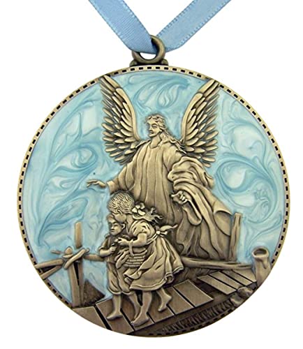 Pewter and Enamel Crib Medal with Guardian Angel for Baby Nursery Decor, 3 Inch (Blue)