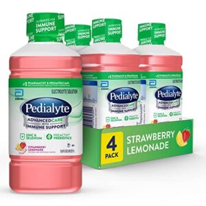 pedialyte advancedcare electrolyte solution, 1 liter, 4 count, with preactiv prebiotics, hydration drink, strawberry lemonade