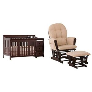 stork craft portofino 4-in-1 fixed side convertible crib and changer, espresso and hoop glider and ottoman set, espresso/beige