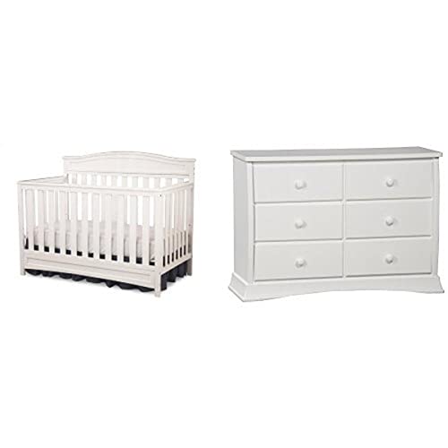 Delta Children Emery 4-in-1 Crib, White and Children Bentley Six Drawer Dresser, White