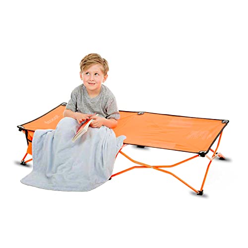 Joovy Foocot Travel Cot Featuring a Steel Frame and Tough Polyester Fabric, Storage Pocket, and Easily Folds into Included Travel Bag – Holds Kids Up to 48” Tall or 75 Lbs (Orange)