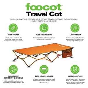 Joovy Foocot Travel Cot Featuring a Steel Frame and Tough Polyester Fabric, Storage Pocket, and Easily Folds into Included Travel Bag – Holds Kids Up to 48” Tall or 75 Lbs (Orange)