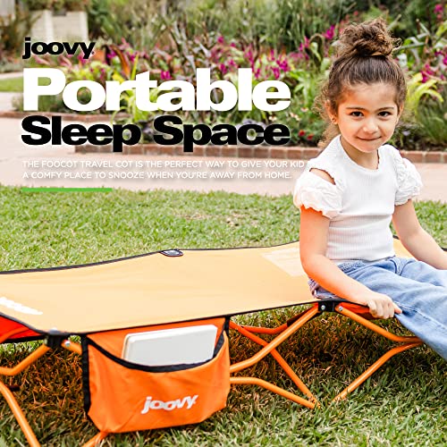 Joovy Foocot Travel Cot Featuring a Steel Frame and Tough Polyester Fabric, Storage Pocket, and Easily Folds into Included Travel Bag – Holds Kids Up to 48” Tall or 75 Lbs (Orange)