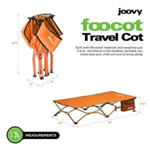 Joovy Foocot Travel Cot Featuring a Steel Frame and Tough Polyester Fabric, Storage Pocket, and Easily Folds into Included Travel Bag – Holds Kids Up to 48” Tall or 75 Lbs (Orange)