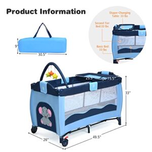 Giantex Nursery Center Playyard Baby Crib Set Portable Nest Bassinet Bed Infant Kids Travel Playpen Pack Deluxe Double-Layer Beds Pocket Diapter Changer Toy Cribs Nursery Centers w/Bag & Caster, Blue