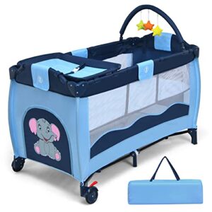 giantex nursery center playyard baby crib set portable nest bassinet bed infant kids travel playpen pack deluxe double-layer beds pocket diapter changer toy cribs nursery centers w/bag & caster, blue