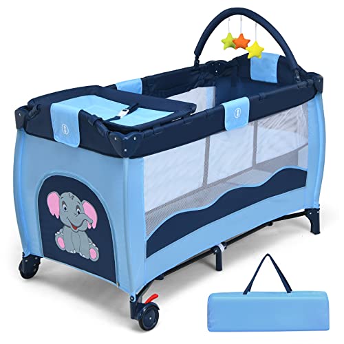 Giantex Nursery Center Playyard Baby Crib Set Portable Nest Bassinet Bed Infant Kids Travel Playpen Pack Deluxe Double-Layer Beds Pocket Diapter Changer Toy Cribs Nursery Centers w/Bag & Caster, Blue