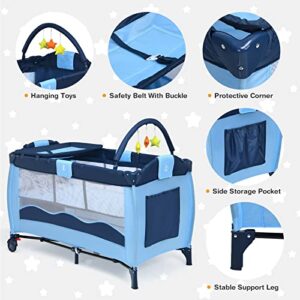 Giantex Nursery Center Playyard Baby Crib Set Portable Nest Bassinet Bed Infant Kids Travel Playpen Pack Deluxe Double-Layer Beds Pocket Diapter Changer Toy Cribs Nursery Centers w/Bag & Caster, Blue