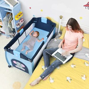 Giantex Nursery Center Playyard Baby Crib Set Portable Nest Bassinet Bed Infant Kids Travel Playpen Pack Deluxe Double-Layer Beds Pocket Diapter Changer Toy Cribs Nursery Centers w/Bag & Caster, Blue