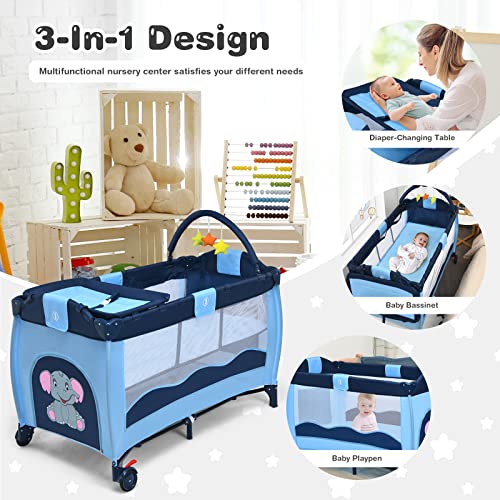 Giantex Nursery Center Playyard Baby Crib Set Portable Nest Bassinet Bed Infant Kids Travel Playpen Pack Deluxe Double-Layer Beds Pocket Diapter Changer Toy Cribs Nursery Centers w/Bag & Caster, Blue