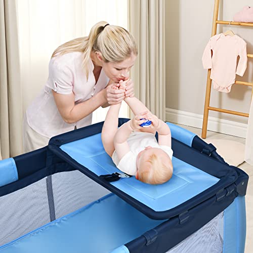 Giantex Nursery Center Playyard Baby Crib Set Portable Nest Bassinet Bed Infant Kids Travel Playpen Pack Deluxe Double-Layer Beds Pocket Diapter Changer Toy Cribs Nursery Centers w/Bag & Caster, Blue