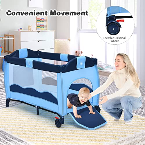 Giantex Nursery Center Playyard Baby Crib Set Portable Nest Bassinet Bed Infant Kids Travel Playpen Pack Deluxe Double-Layer Beds Pocket Diapter Changer Toy Cribs Nursery Centers w/Bag & Caster, Blue