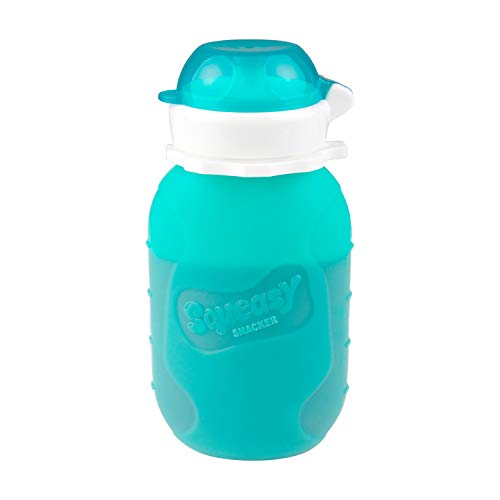 Aqua 6 oz Squeasy Snacker Spill Proof Silicone Reusable Food Pouch - for Both Soft Foods and Liquids - Water, Apple Sauce, Yogurt, Smoothies, Baby Food - Dishwasher Safe