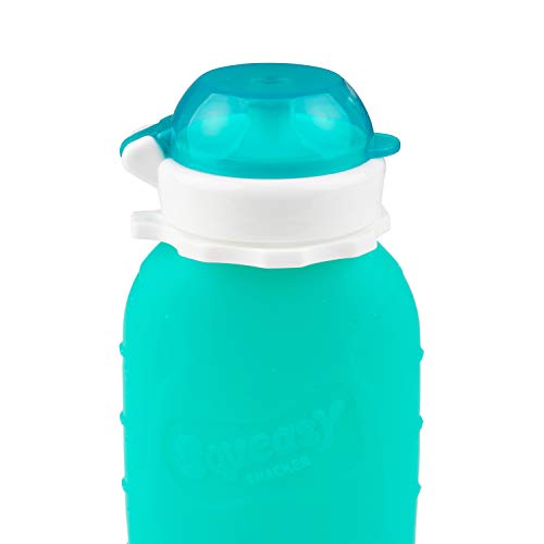 Aqua 6 oz Squeasy Snacker Spill Proof Silicone Reusable Food Pouch - for Both Soft Foods and Liquids - Water, Apple Sauce, Yogurt, Smoothies, Baby Food - Dishwasher Safe