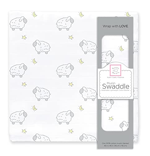 SwaddleDesigns Cotton Muslin Swaddle Blanket, Receiving Blanket for Boys & Girls, Best Shower Gift, 46x46 inches, Little Lambs, Sterling