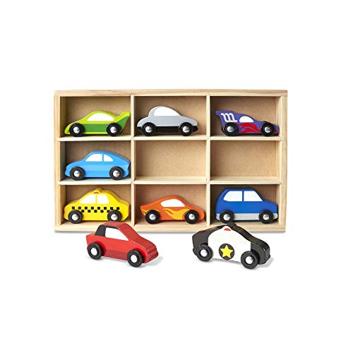 Melissa & Doug Wooden Cars Vehicle Set in Wooden Tray - Toys For Toddlers And Kids Ages 3+